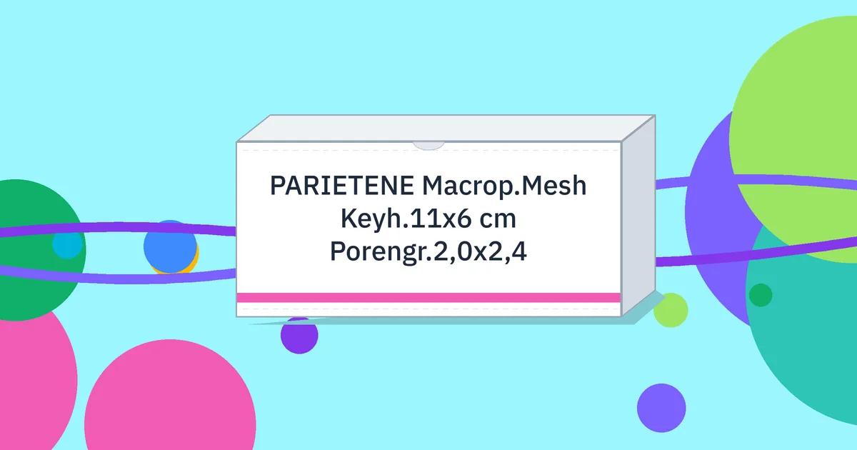 Symbolbild: Packung mit der Aufschrift PARIETENE Macrop.Mesh Keyh.11x6 cm Porengr.2,0x2,4 (PZN 11314701) – Verfügbarkeit und Bezug in Apotheken in Frankfurt am Main
