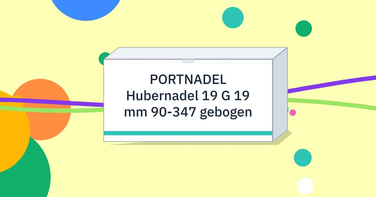 Symbolbild: Packung mit der Aufschrift PORTNADEL Hubernadel 19 G 19 mm 90-347 gebogen (PZN 02756682) – Verfügbarkeit und Bezug in Apotheken in Frankfurt am Main
