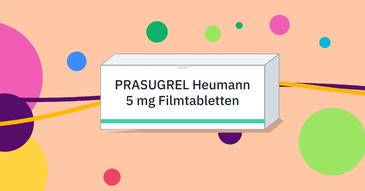 Symbolbild: Packung mit der Aufschrift PRASUGREL Heumann 5 mg Filmtabletten (PZN 13706434) – Verfügbarkeit und Bezug in Apotheken in Frankfurt am Main