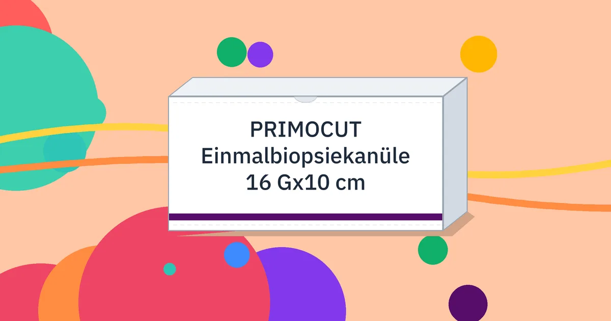 Symbolbild: Packung mit der Aufschrift PRIMOCUT Einmalbiopsiekanüle 16 Gx10 cm (PZN 03926264) – Verfügbarkeit und Bezug in Apotheken in Frankfurt am Main