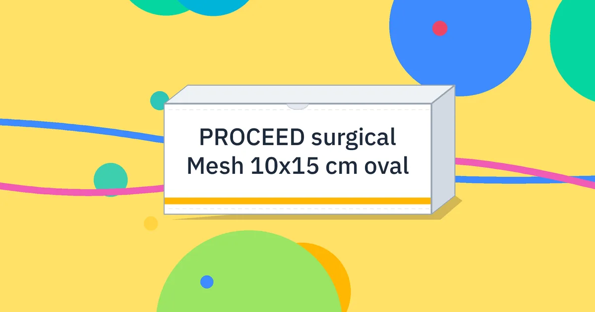 Symbolbild: Packung mit der Aufschrift PROCEED surgical Mesh 10x15 cm oval (PZN 20855293) – Verfügbarkeit und Bezug in Apotheken in Frankfurt am Main