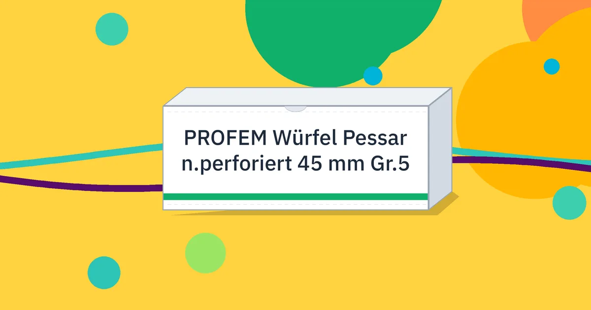 Symbolbild: Packung mit der Aufschrift PROFEM Würfel Pessar n.perforiert 45 mm Gr.5 (PZN 11672895) – Verfügbarkeit und Bezug in Apotheken in Frankfurt am Main