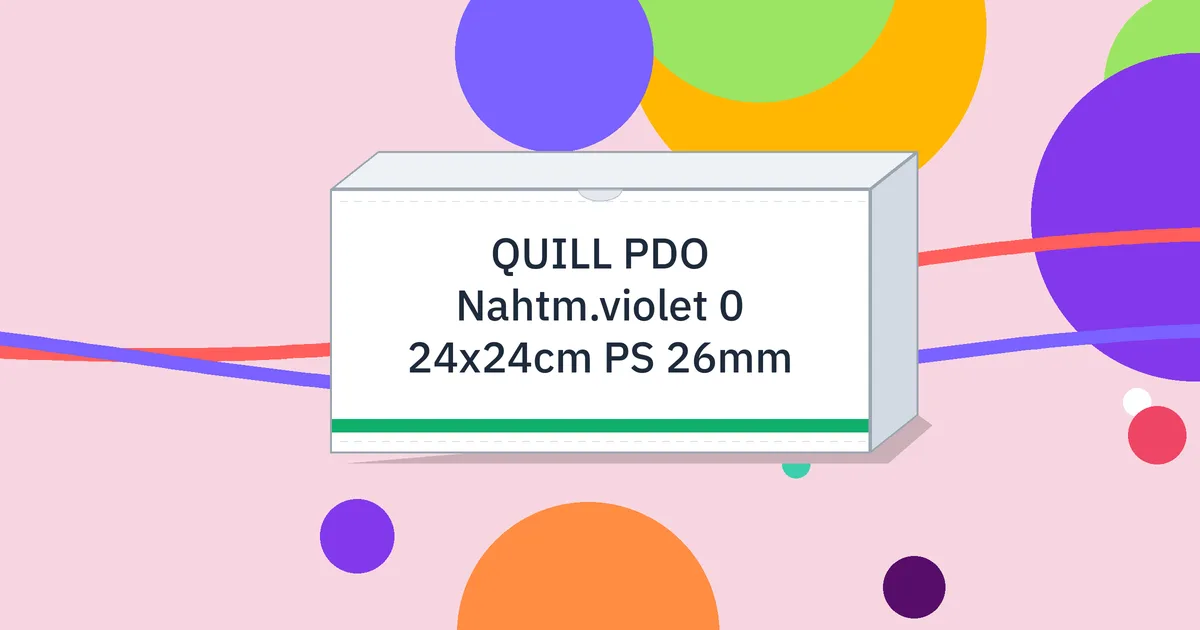Symbolbild: Packung mit der Aufschrift QUILL PDO Nahtm.violet 0 24x24cm PS 26mm (PZN 17989506) – Verfügbarkeit und Bezug in Apotheken in Frankfurt am Main