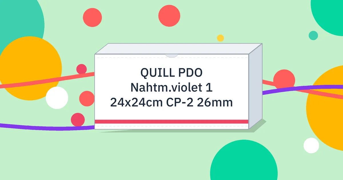 Symbolbild: Packung mit der Aufschrift QUILL PDO Nahtm.violet 1 24x24cm CP-2 26mm (PZN 17989529) – Verfügbarkeit und Bezug in Apotheken in Frankfurt am Main