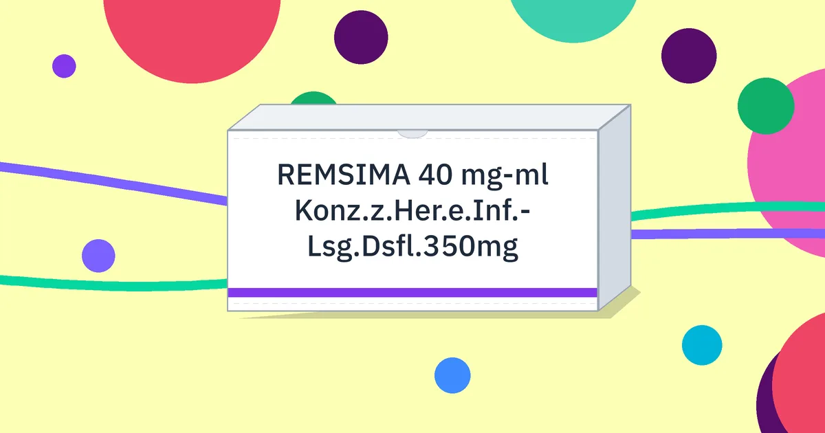 Symbolbild: Packung mit der Aufschrift REMSIMA 40 mg-ml Konz.z.Her.e.Inf.-Lsg.Dsfl.350mg (PZN 20059544) – Verfügbarkeit und Bezug in Apotheken in Frankfurt am Main