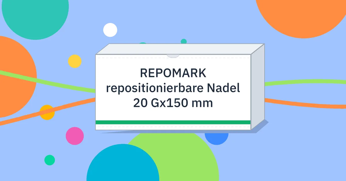 Symbolbild: Packung mit der Aufschrift REPOMARK repositionierbare Nadel 20 Gx150 mm (PZN 19736904) – Verfügbarkeit und Bezug in Apotheken in Frankfurt am Main