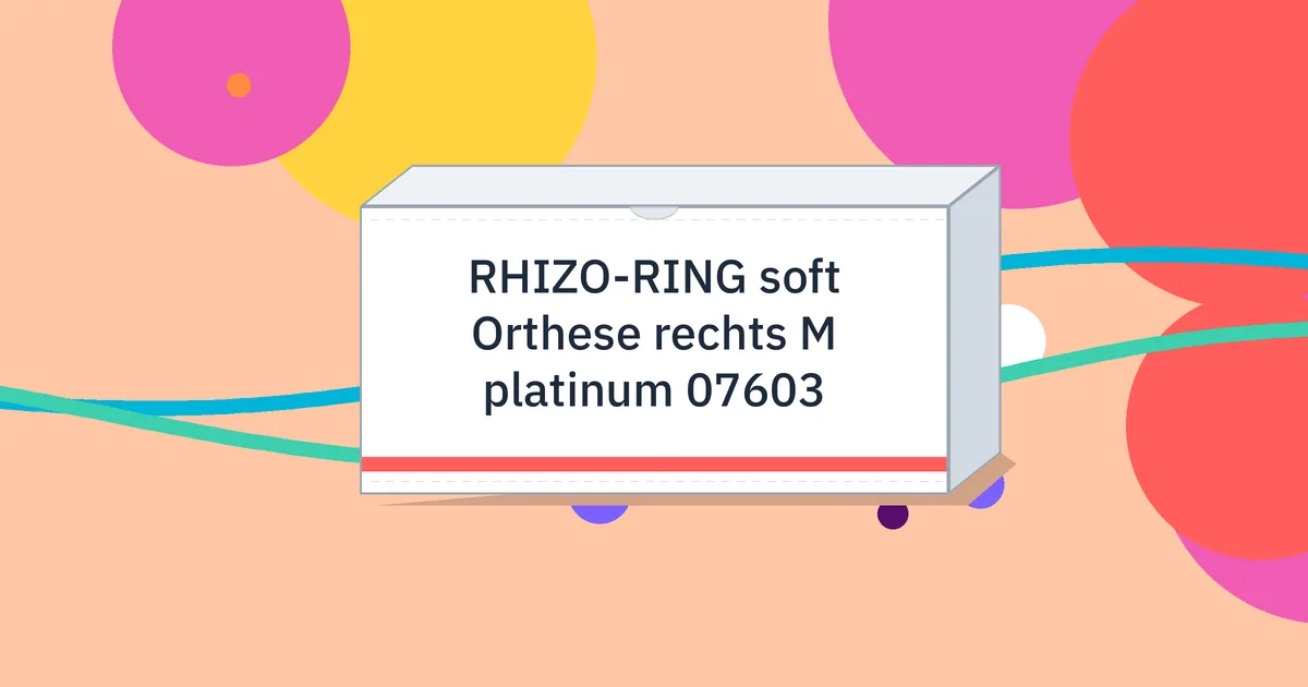 Symbolbild: Packung mit der Aufschrift RHIZO-RING soft Orthese rechts M platinum 07603 (PZN 13986095) – Verfügbarkeit und Bezug in Apotheken in Frankfurt am Main