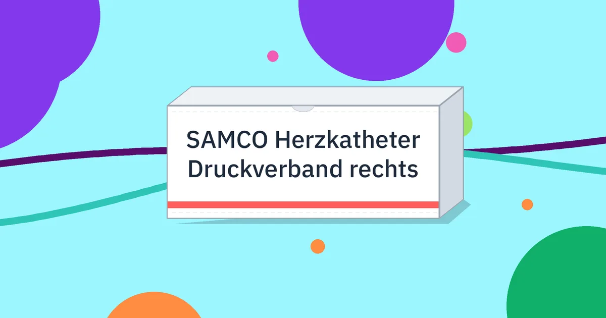 Symbolbild: Packung mit der Aufschrift SAMCO Herzkatheter Druckverband rechts (PZN 09268454) – Verfügbarkeit und Bezug in Apotheken in Frankfurt am Main