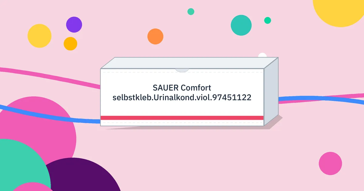 Symbolbild: Packung mit der Aufschrift SAUER Comfort selbstkleb.Urinalkond.viol.97451122 (PZN 11054631) – Verfügbarkeit und Bezug in Apotheken in Frankfurt am Main