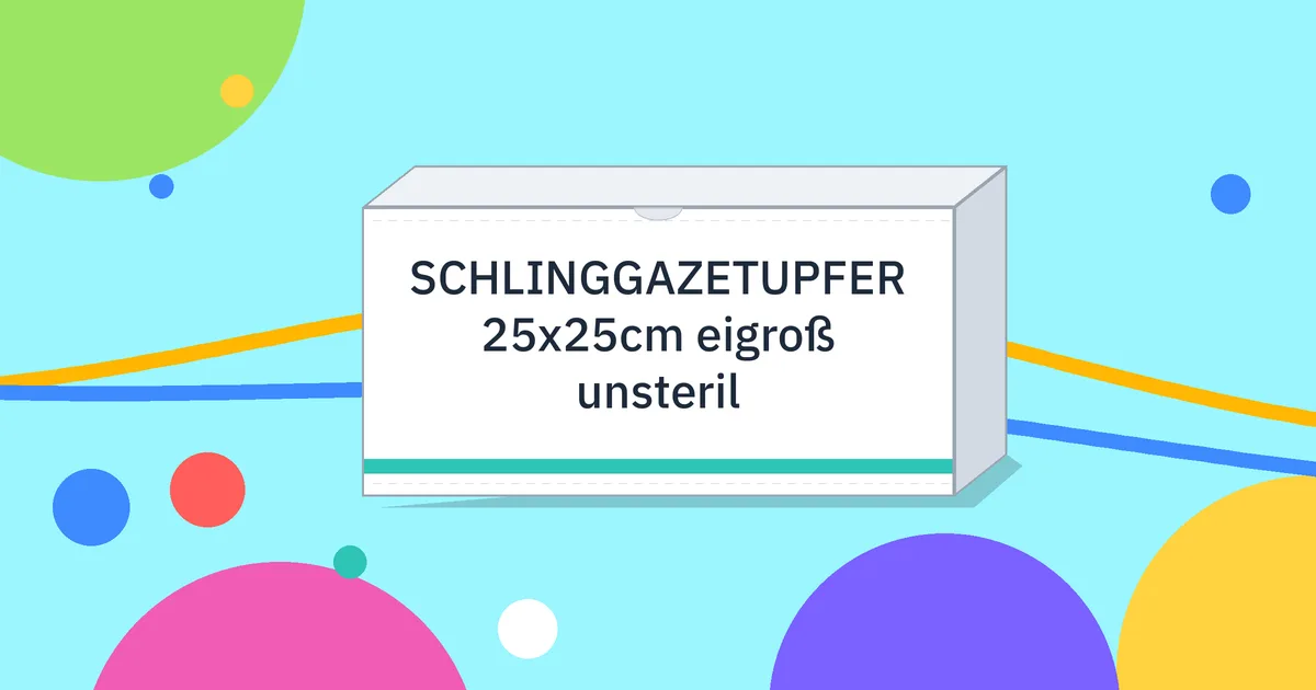 Symbolbild: Packung mit der Aufschrift SCHLINGGAZETUPFER 25x25cm eigroß unsteril (PZN 00960591) – Verfügbarkeit und Bezug in Apotheken in Frankfurt am Main