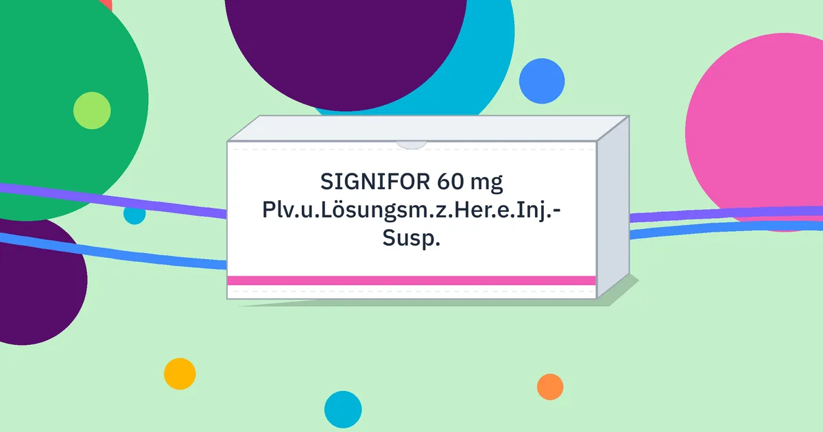 Symbolbild: Packung mit der Aufschrift SIGNIFOR 60 mg Plv.u.Lösungsm.z.Her.e.Inj.-Susp. (PZN 19743761) – Verfügbarkeit und Bezug in Apotheken in Frankfurt am Main