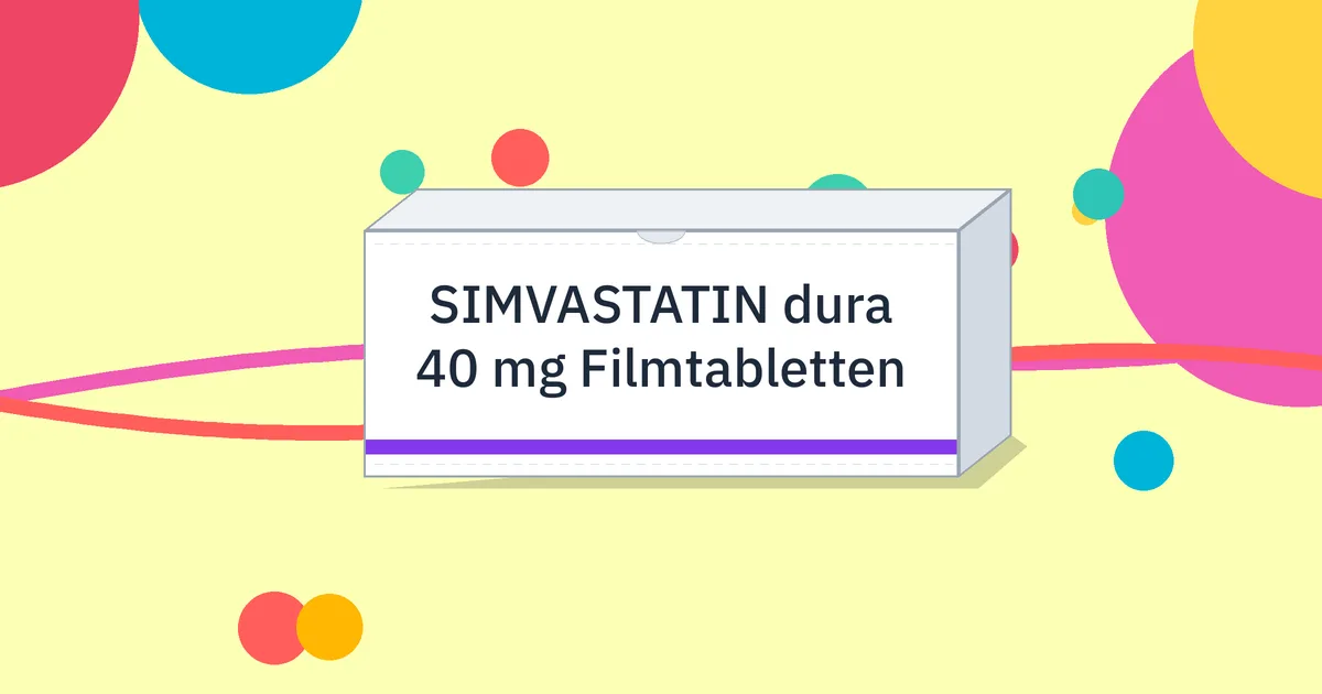 Symbolbild: Packung mit der Aufschrift SIMVASTATIN dura 40 mg Filmtabletten (PZN 03272288) – Verfügbarkeit und Bezug in Apotheken in Frankfurt am Main