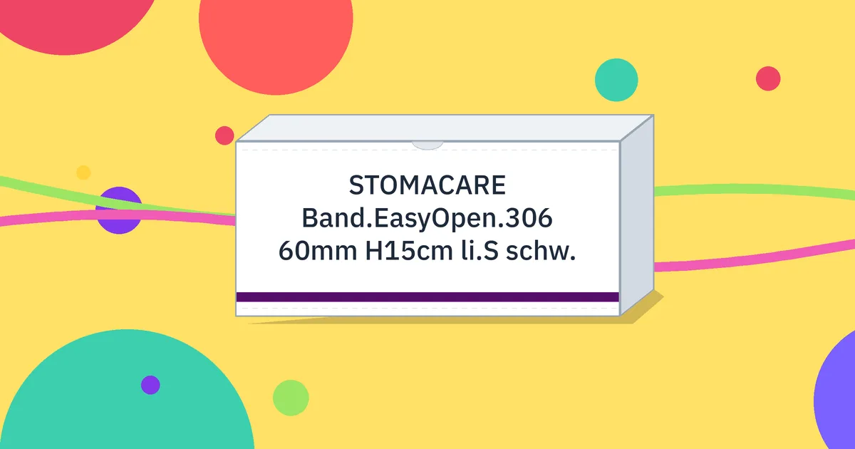 Symbolbild: Packung mit der Aufschrift STOMACARE Band.EasyOpen.306 60mm H15cm li.S schw. (PZN 09437371) – Verfügbarkeit und Bezug in Apotheken in Frankfurt am Main