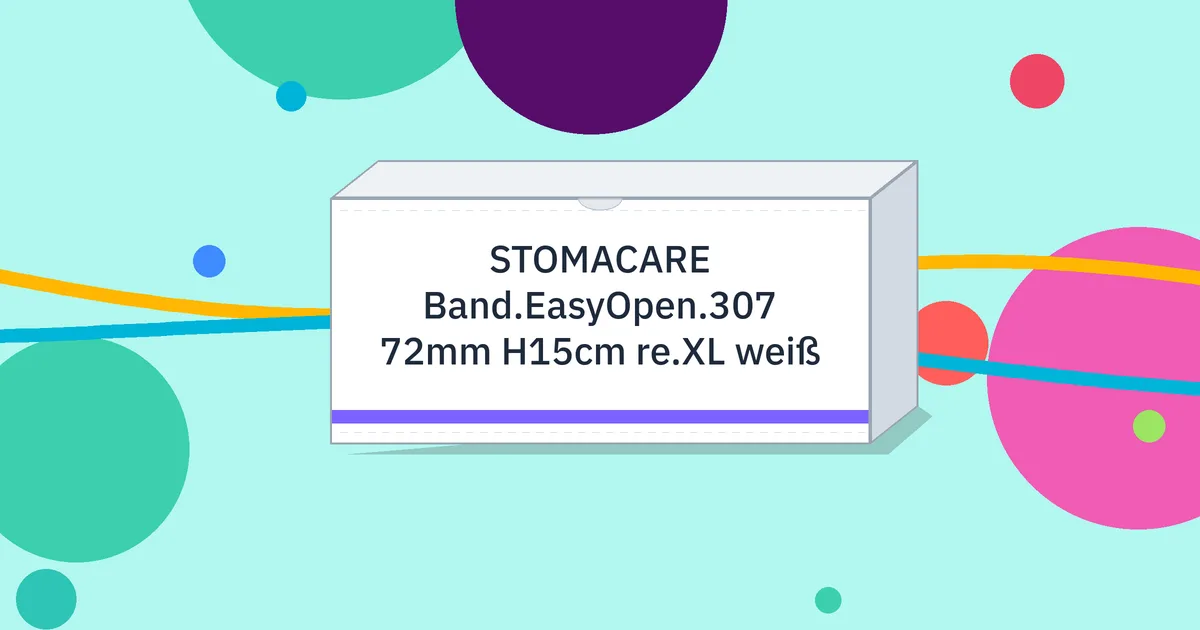 Symbolbild: Packung mit der Aufschrift STOMACARE Band.EasyOpen.307 72mm H15cm re.XL weiß (PZN 07665464) – Verfügbarkeit und Bezug in Apotheken in Frankfurt am Main
