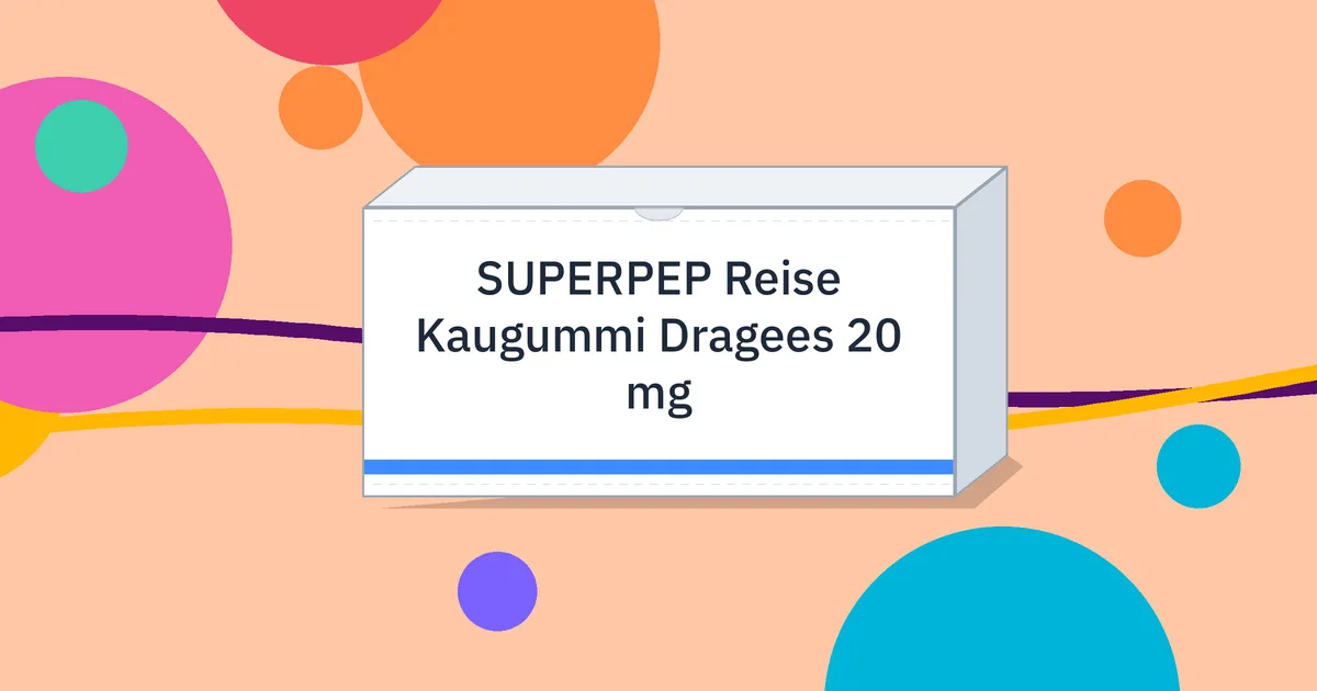 Symbolbild: Packung mit der Aufschrift SUPERPEP Reise Kaugummi Dragees 20 mg (PZN 07560067) – Verfügbarkeit und Bezug in Apotheken in Frankfurt am Main