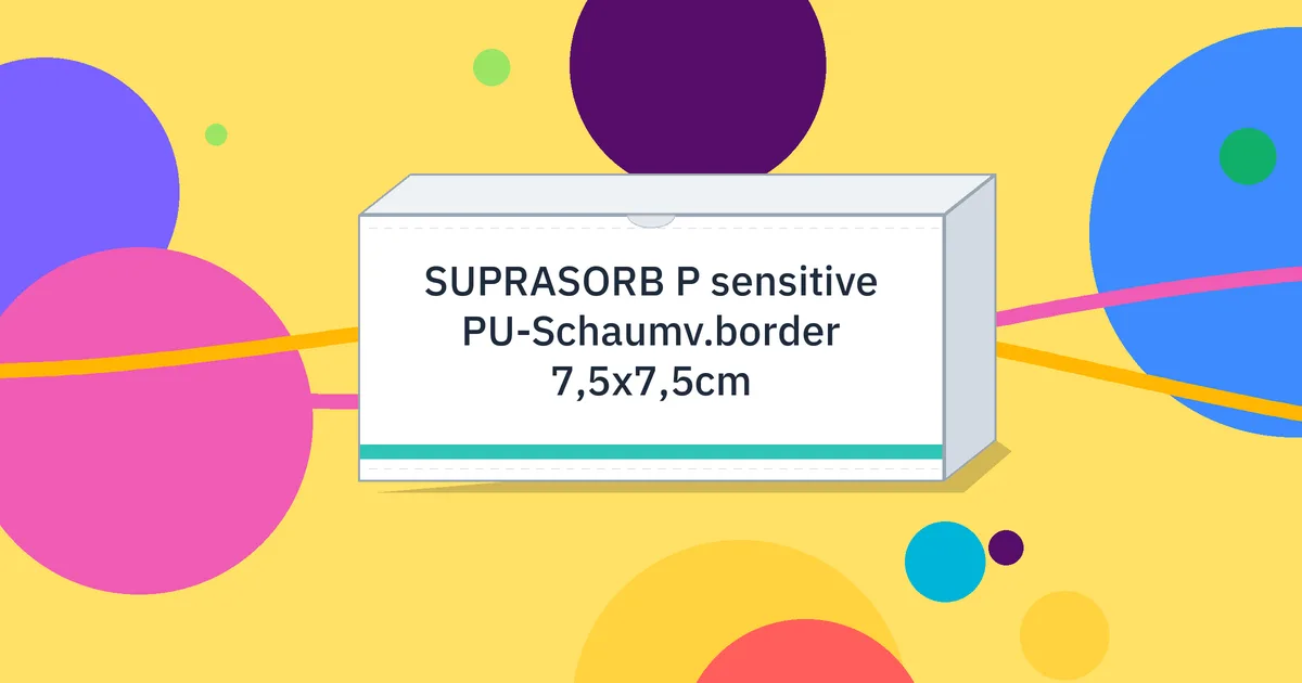 Symbolbild: Packung mit der Aufschrift SUPRASORB P sensitive PU-Schaumv.border 7,5x7,5cm (PZN 16394165) – Verfügbarkeit und Bezug in Apotheken in Frankfurt am Main