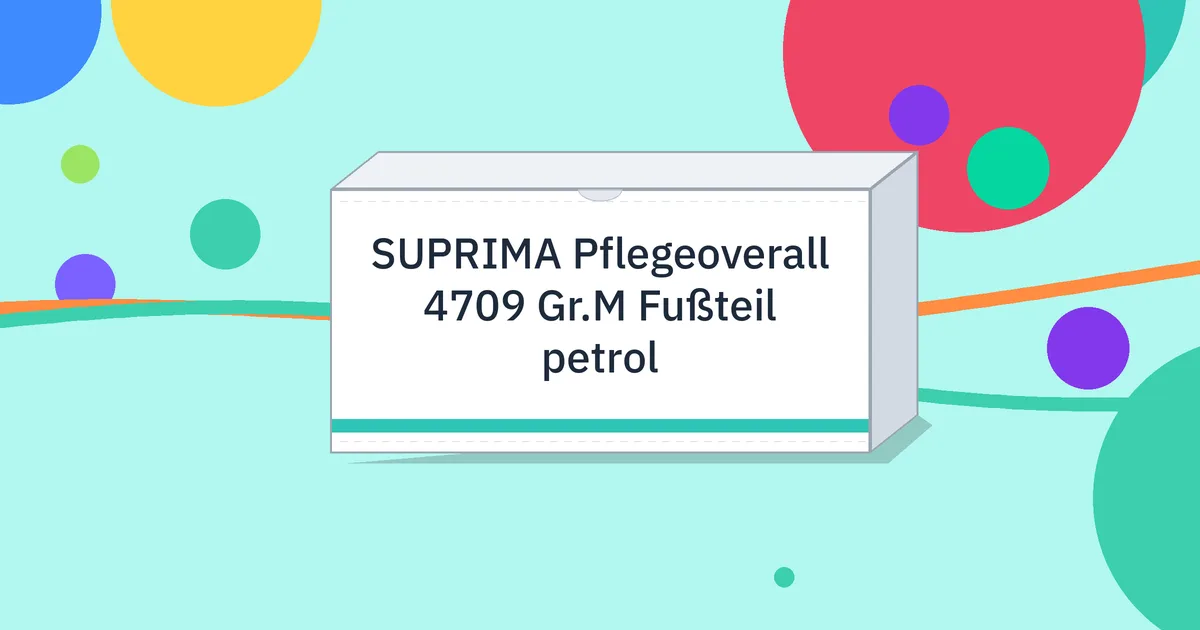 Symbolbild: Packung mit der Aufschrift SUPRIMA Pflegeoverall 4709 Gr.M Fußteil petrol (PZN 11660337) – Verfügbarkeit und Bezug in Apotheken in Frankfurt am Main