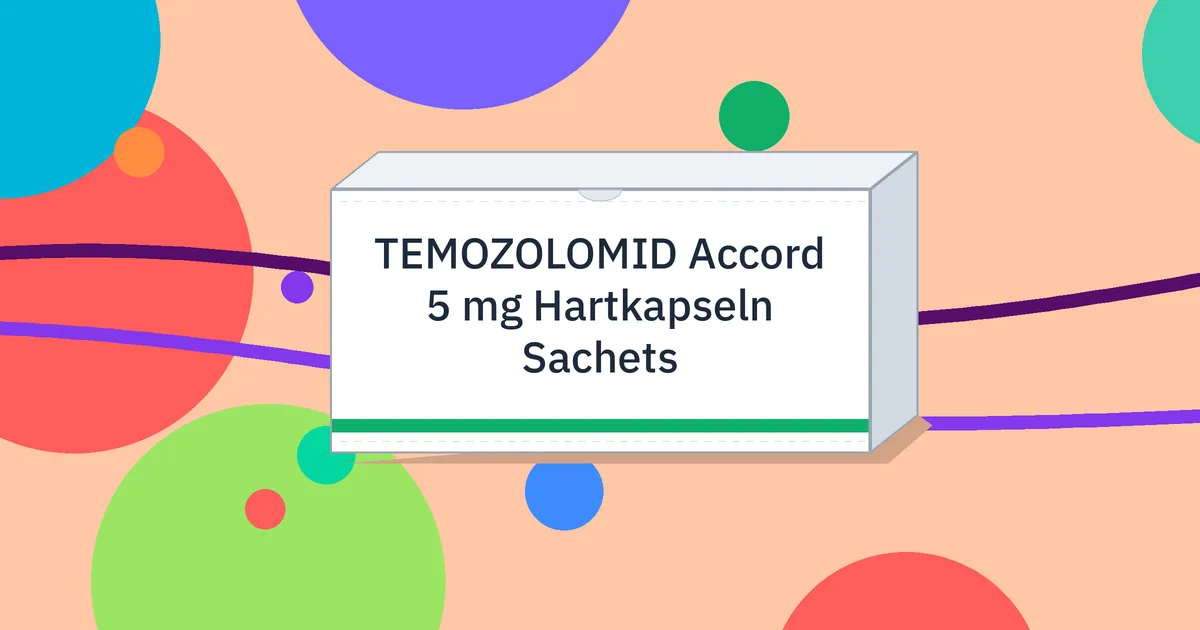 Symbolbild: Packung mit der Aufschrift TEMOZOLOMID Accord 5 mg Hartkapseln Sachets (PZN 16878294) – Verfügbarkeit und Bezug in Apotheken in Frankfurt am Main