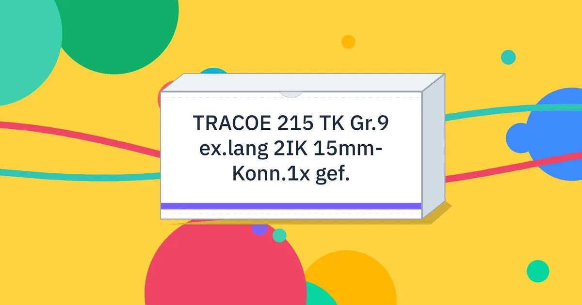 Symbolbild: Packung mit der Aufschrift TRACOE 215 TK Gr.9 ex.lang 2IK 15mm-Konn.1x gef. (PZN 11643652) – Verfügbarkeit und Bezug in Apotheken in Frankfurt am Main
