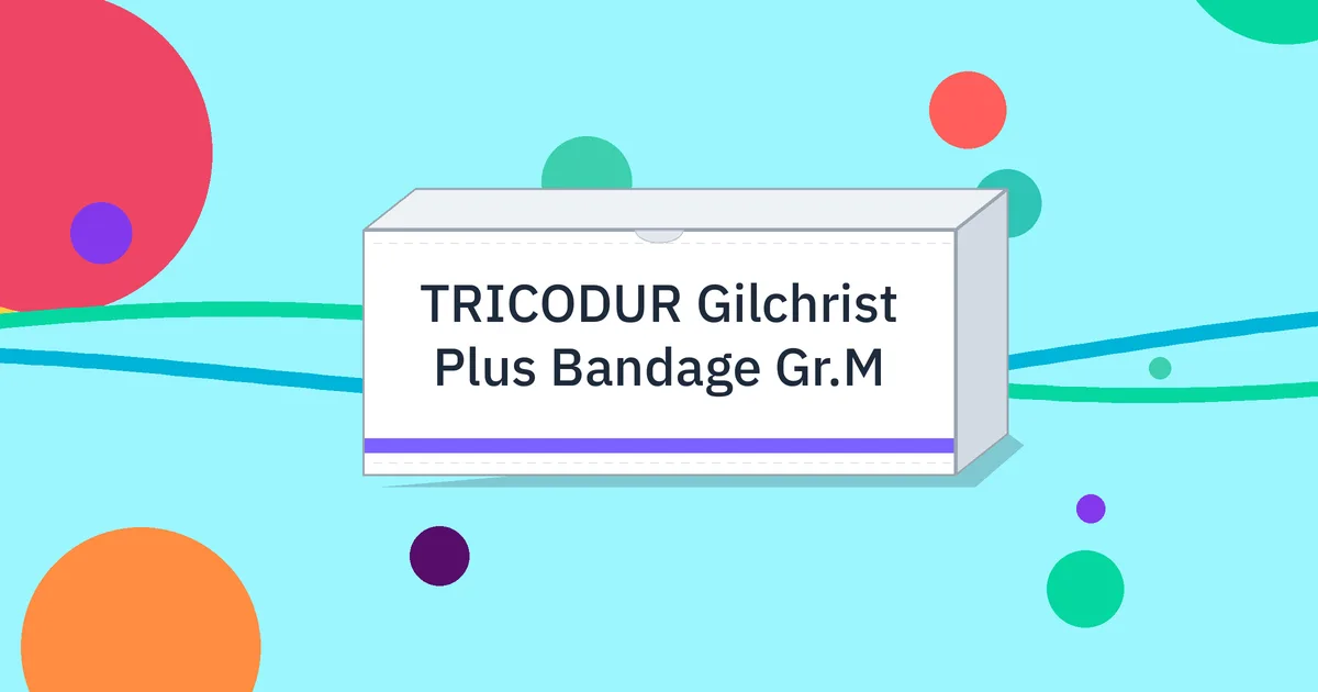 Symbolbild: Packung mit der Aufschrift TRICODUR Gilchrist Plus Bandage Gr.M (PZN 08906964) – Verfügbarkeit und Bezug in Apotheken in Frankfurt am Main