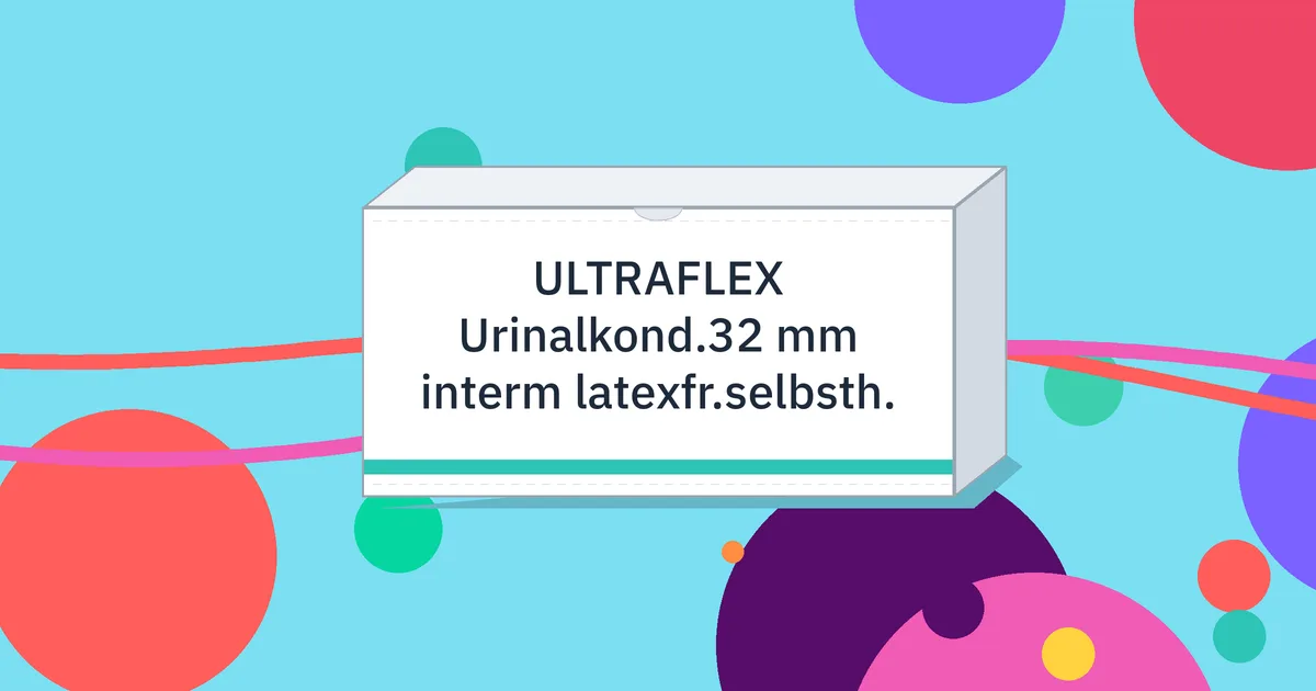 Symbolbild: Packung mit der Aufschrift ULTRAFLEX Urinalkond.32 mm interm latexfr.selbsth. (PZN 13847123) – Verfügbarkeit und Bezug in Apotheken in Frankfurt am Main
