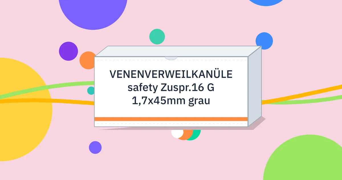 Symbolbild: Packung mit der Aufschrift VENENVERWEILKANÜLE safety Zuspr.16 G 1,7x45mm grau (PZN 18717804) – Verfügbarkeit und Bezug in Apotheken in Frankfurt am Main
