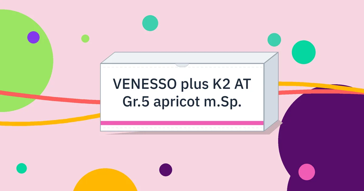 Symbolbild: Packung mit der Aufschrift VENESSO plus K2 AT Gr.5 apricot m.Sp. (PZN 03286043) – Verfügbarkeit und Bezug in Apotheken in Frankfurt am Main