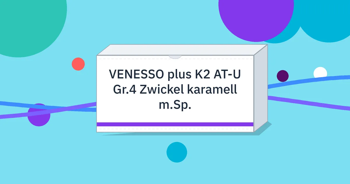 Symbolbild: Packung mit der Aufschrift VENESSO plus K2 AT-U Gr.4 Zwickel karamell m.Sp. (PZN 13759838) – Verfügbarkeit und Bezug in Apotheken in Frankfurt am Main