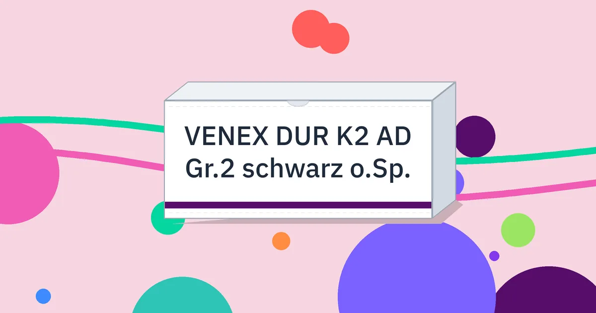 Symbolbild: Packung mit der Aufschrift VENEX DUR K2 AD Gr.2 schwarz o.Sp. (PZN 03212257) – Verfügbarkeit und Bezug in Apotheken in Frankfurt am Main