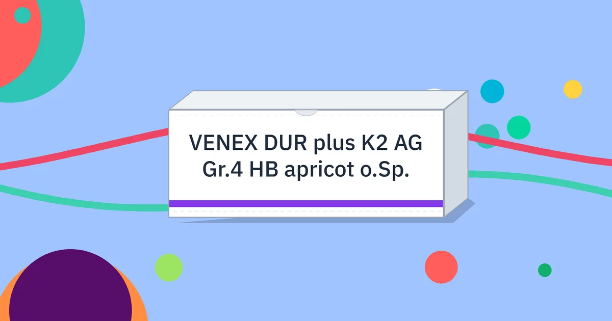 Symbolbild: Packung mit der Aufschrift VENEX DUR plus K2 AG Gr.4 HB apricot o.Sp. (PZN 03237501) – Verfügbarkeit und Bezug in Apotheken in Frankfurt am Main