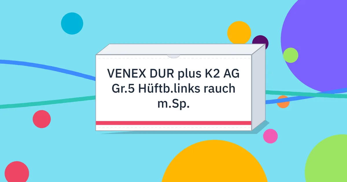 Symbolbild: Packung mit der Aufschrift VENEX DUR plus K2 AG Gr.5 Hüftb.links rauch m.Sp. (PZN 03238050) – Verfügbarkeit und Bezug in Apotheken in Frankfurt am Main