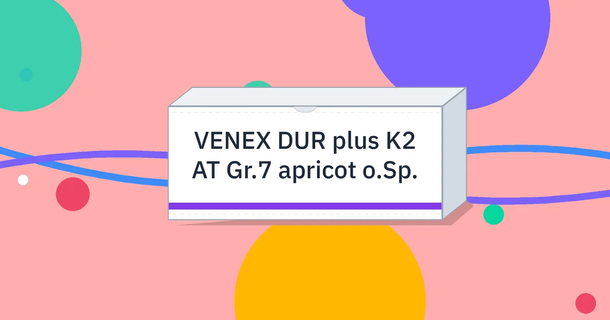 Symbolbild: Packung mit der Aufschrift VENEX DUR plus K2 AT Gr.7 apricot o.Sp. (PZN 03234655) – Verfügbarkeit und Bezug in Apotheken in Frankfurt am Main