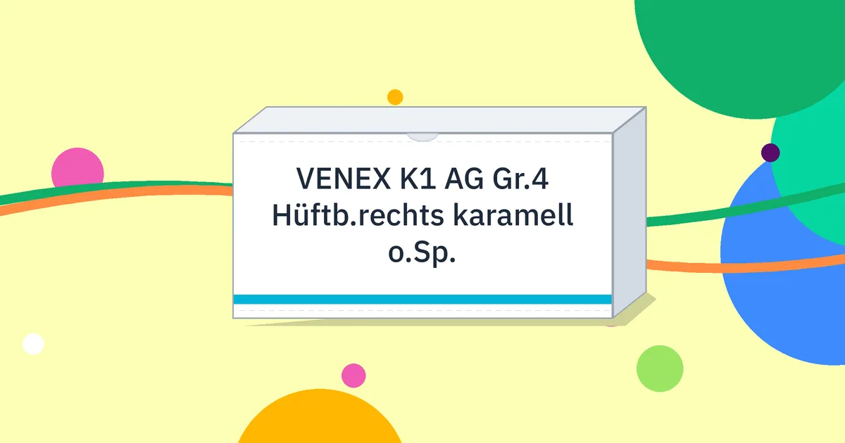 Symbolbild: Packung mit der Aufschrift VENEX K1 AG Gr.4 Hüftb.rechts karamell o.Sp. (PZN 13761019) – Verfügbarkeit und Bezug in Apotheken in Frankfurt am Main