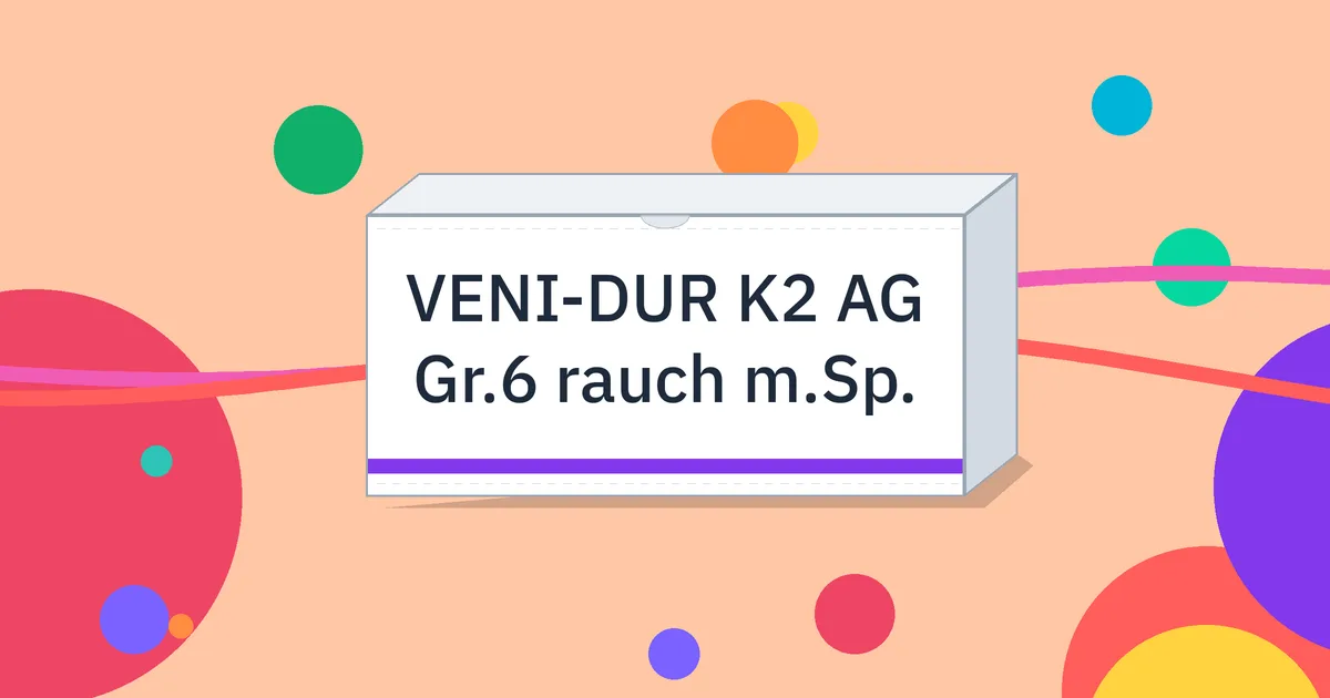 Symbolbild: Packung mit der Aufschrift VENI-DUR K2 AG Gr.6 rauch m.Sp. (PZN 08685173) – Verfügbarkeit und Bezug in Apotheken in Frankfurt am Main