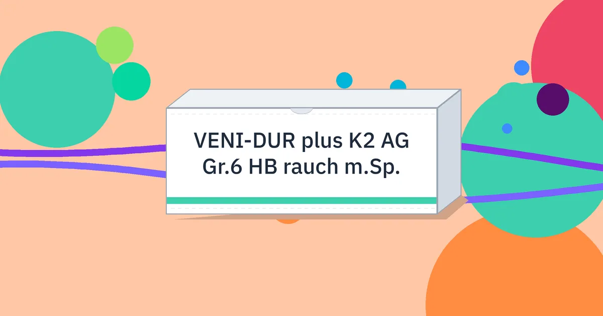 Symbolbild: Packung mit der Aufschrift VENI-DUR plus K2 AG Gr.6 HB rauch m.Sp. (PZN 03254770) – Verfügbarkeit und Bezug in Apotheken in Frankfurt am Main