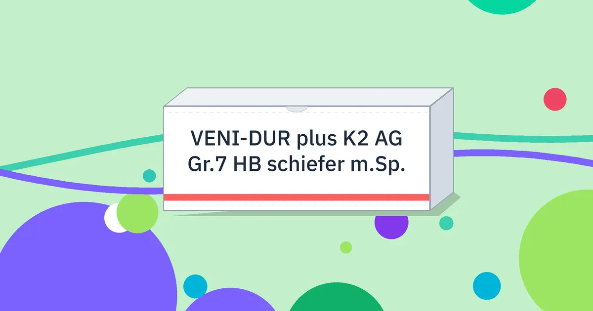 Symbolbild: Packung mit der Aufschrift VENI-DUR plus K2 AG Gr.7 HB schiefer m.Sp. (PZN 03255025) – Verfügbarkeit und Bezug in Apotheken in Frankfurt am Main