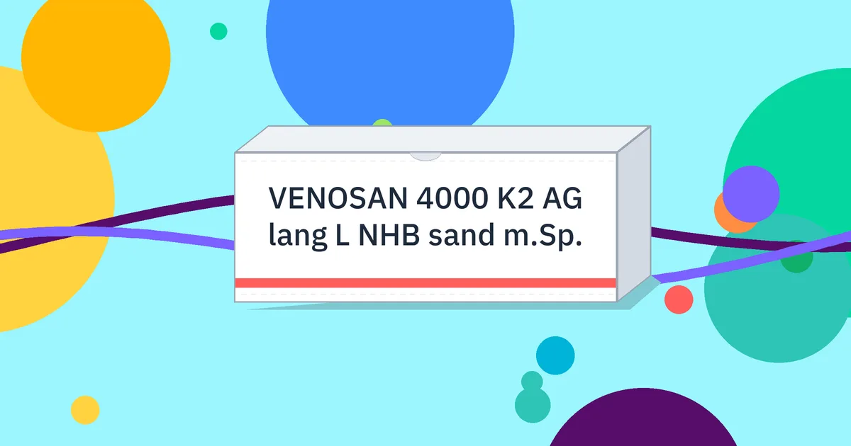 Symbolbild: Packung mit der Aufschrift VENOSAN 4000 K2 AG lang L NHB sand m.Sp. (PZN 14422733) – Verfügbarkeit und Bezug in Apotheken in Frankfurt am Main