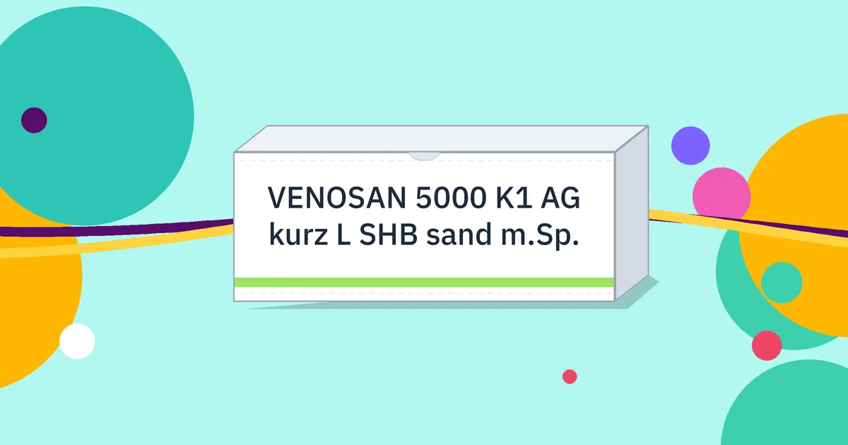 Symbolbild: Packung mit der Aufschrift VENOSAN 5000 K1 AG kurz L SHB sand m.Sp. (PZN 14428405) – Verfügbarkeit und Bezug in Apotheken in Frankfurt am Main