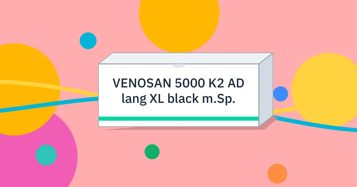 Symbolbild: Packung mit der Aufschrift VENOSAN 5000 K2 AD lang XL black m.Sp. (PZN 14433168) – Verfügbarkeit und Bezug in Apotheken in Frankfurt am Main