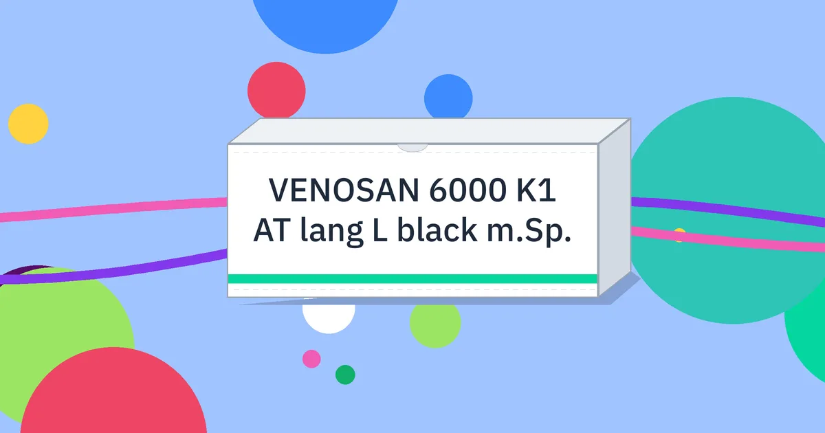 Symbolbild: Packung mit der Aufschrift VENOSAN 6000 K1 AT lang L black m.Sp. (PZN 17172030) – Verfügbarkeit und Bezug in Apotheken in Frankfurt am Main