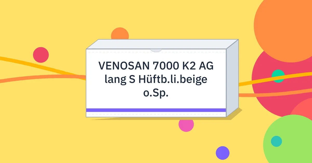 Symbolbild: Packung mit der Aufschrift VENOSAN 7000 K2 AG lang S Hüftb.li.beige o.Sp. (PZN 14434529) – Verfügbarkeit und Bezug in Apotheken in Frankfurt am Main