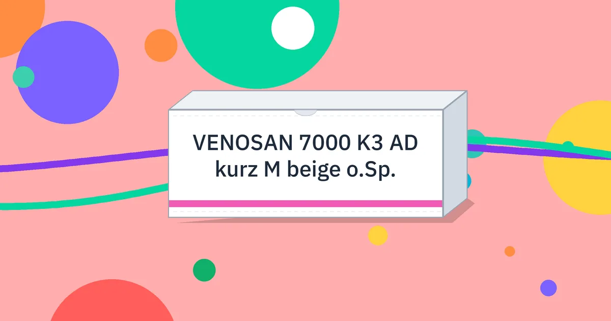Symbolbild: Packung mit der Aufschrift VENOSAN 7000 K3 AD kurz M beige o.Sp. (PZN 14435055) – Verfügbarkeit und Bezug in Apotheken in Frankfurt am Main