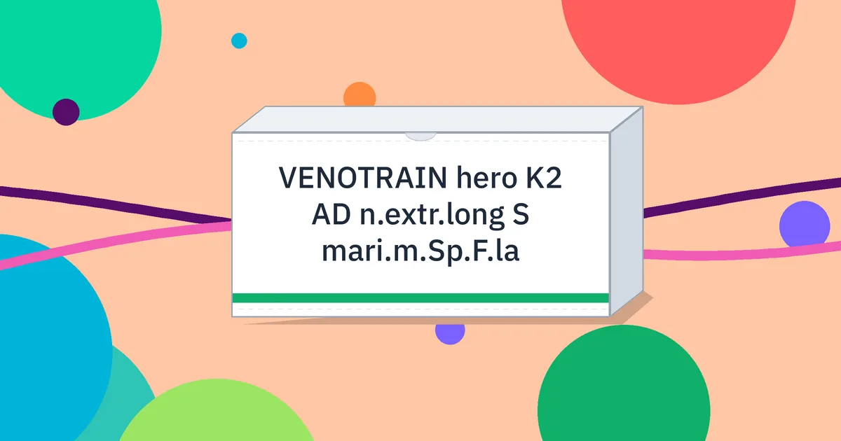 Symbolbild: Packung mit der Aufschrift VENOTRAIN hero K2 AD n.extr.long S mari.m.Sp.F.la (PZN 19189371) – Verfügbarkeit und Bezug in Apotheken in Frankfurt am Main