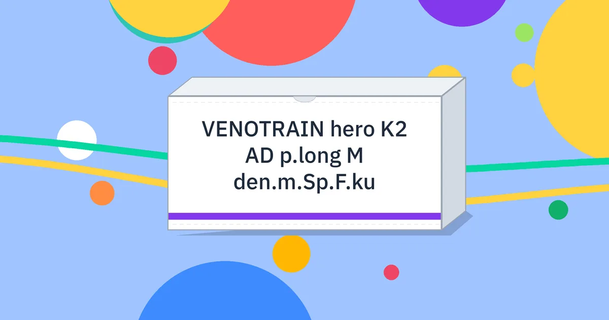 Symbolbild: Packung mit der Aufschrift VENOTRAIN hero K2 AD p.long M den.m.Sp.F.ku (PZN 19190919) – Verfügbarkeit und Bezug in Apotheken in Frankfurt am Main