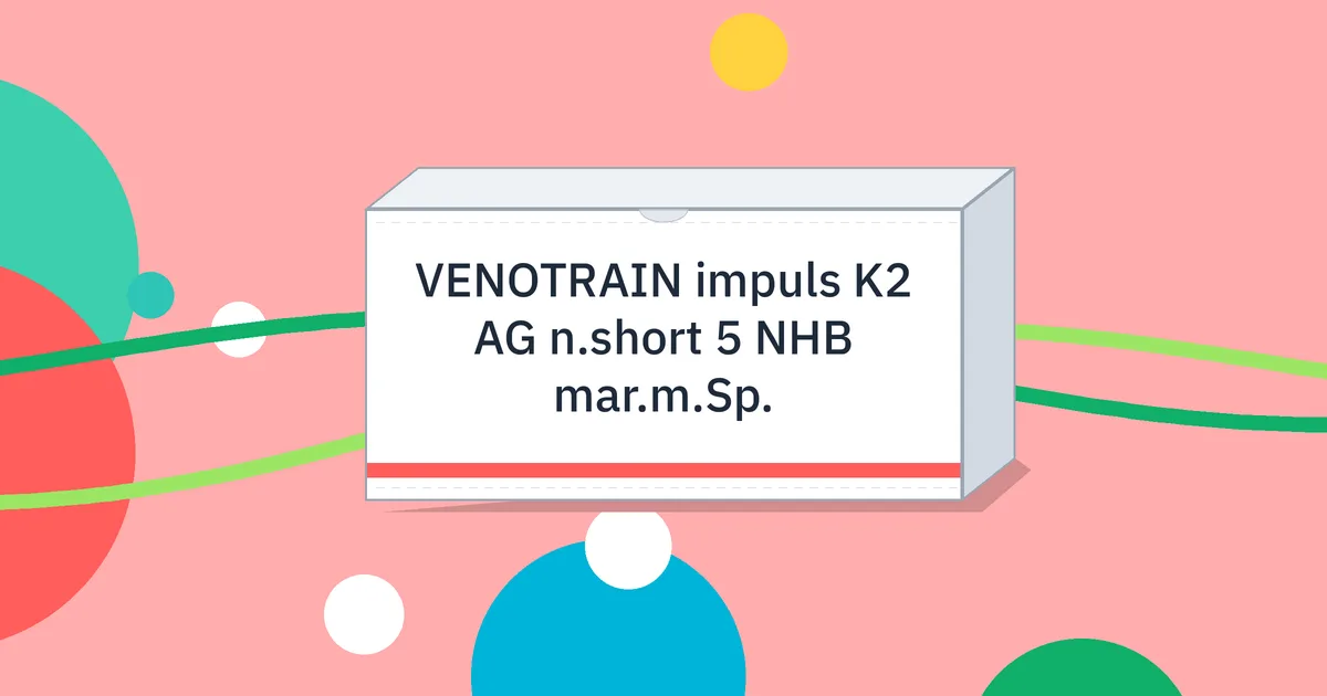 Symbolbild: Packung mit der Aufschrift VENOTRAIN impuls K2 AG n.short 5 NHB mar.m.Sp. (PZN 15214037) – Verfügbarkeit und Bezug in Apotheken in Frankfurt am Main