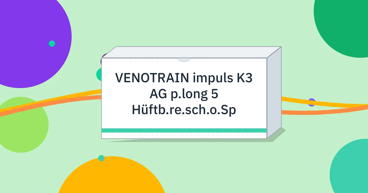 Symbolbild: Packung mit der Aufschrift VENOTRAIN impuls K3 AG p.long 5 Hüftb.re.sch.o.Sp (PZN 10294333) – Verfügbarkeit und Bezug in Apotheken in Frankfurt am Main