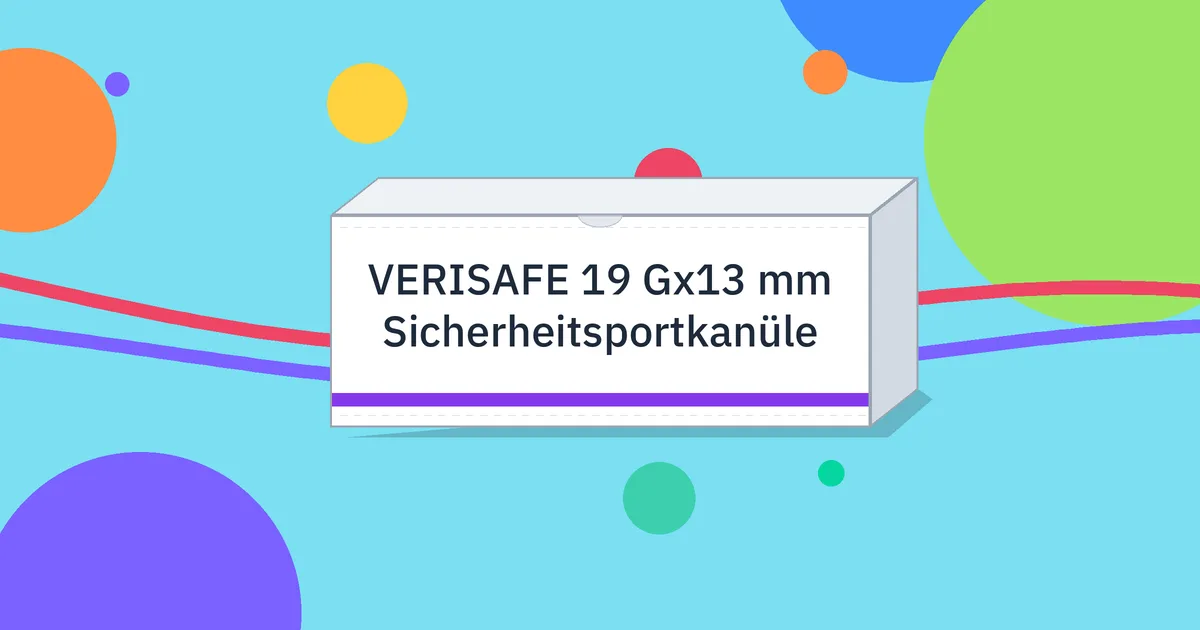 Symbolbild: Packung mit der Aufschrift VERISAFE 19 Gx13 mm Sicherheitsportkanüle (PZN 19173921) – Verfügbarkeit und Bezug in Apotheken in Frankfurt am Main