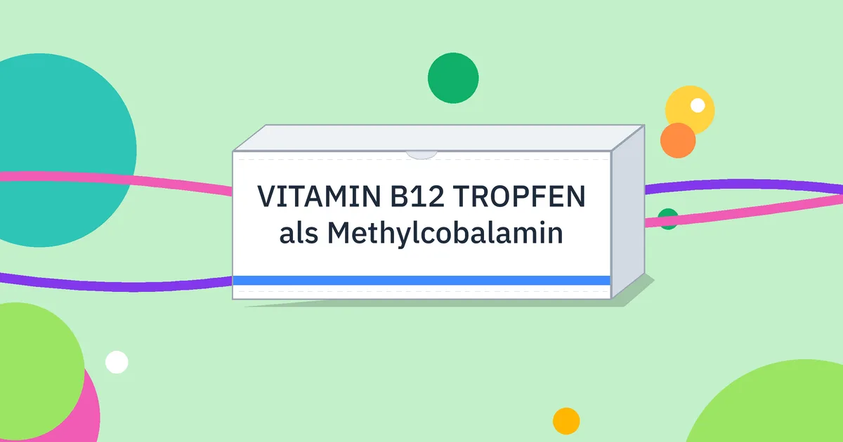 Symbolbild: Packung mit der Aufschrift VITAMIN B12 TROPFEN als Methylcobalamin (PZN 20586373) – Verfügbarkeit und Bezug in Apotheken in Frankfurt am Main