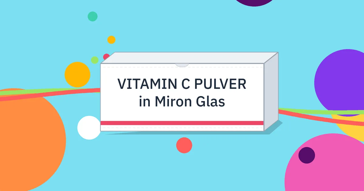 Symbolbild: Packung mit der Aufschrift VITAMIN C PULVER in Miron Glas (PZN 15738272) – Verfügbarkeit und Bezug in Apotheken in Frankfurt am Main