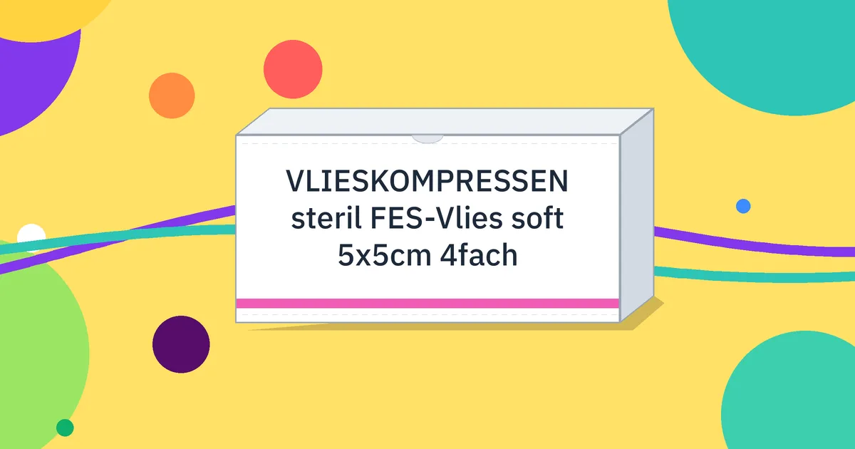 Symbolbild: Packung mit der Aufschrift VLIESKOMPRESSEN steril FES-Vlies soft 5x5cm 4fach (PZN 20126588) – Verfügbarkeit und Bezug in Apotheken in Frankfurt am Main